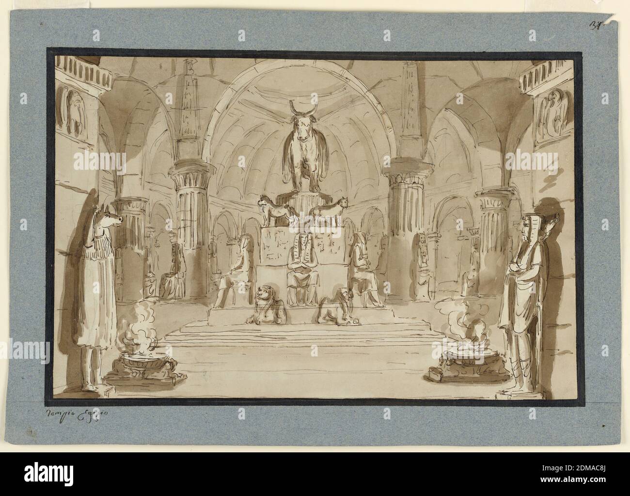 Interior of Egyptian temple, Pen and brown ink, brush and brown wash ...