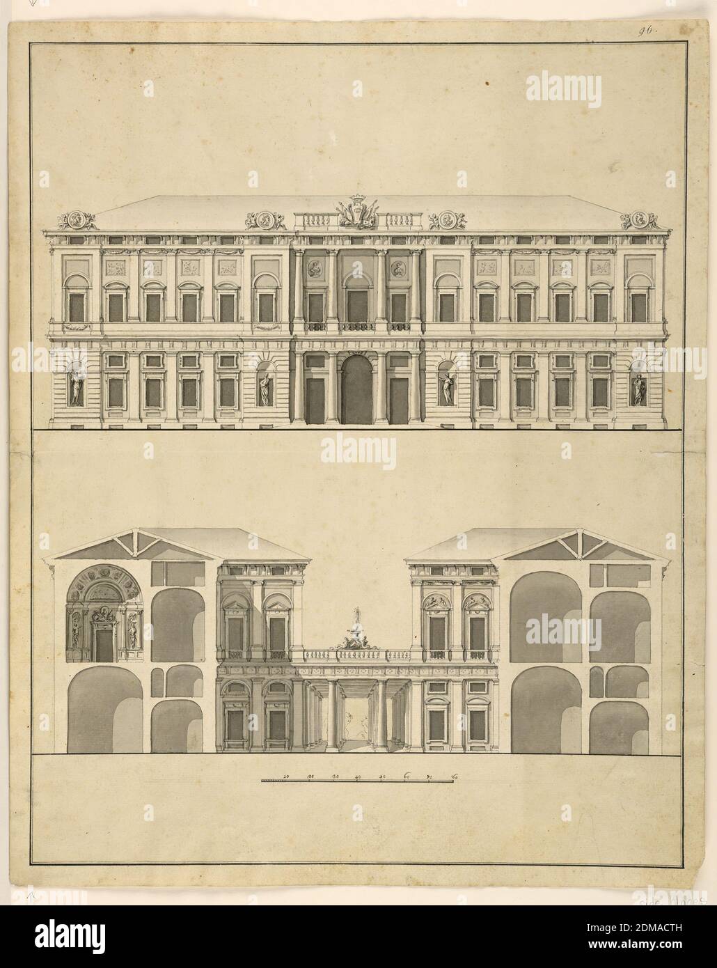 Design for the Facade and Cross-Section of a Palace, Pen and ink, brush ...