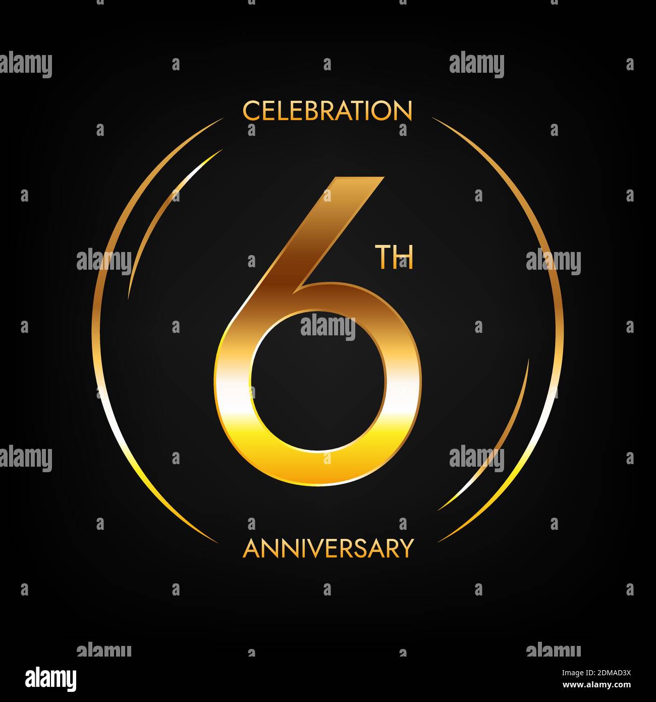 6th anniversary. Six years birthday celebration banner in bright golden ...