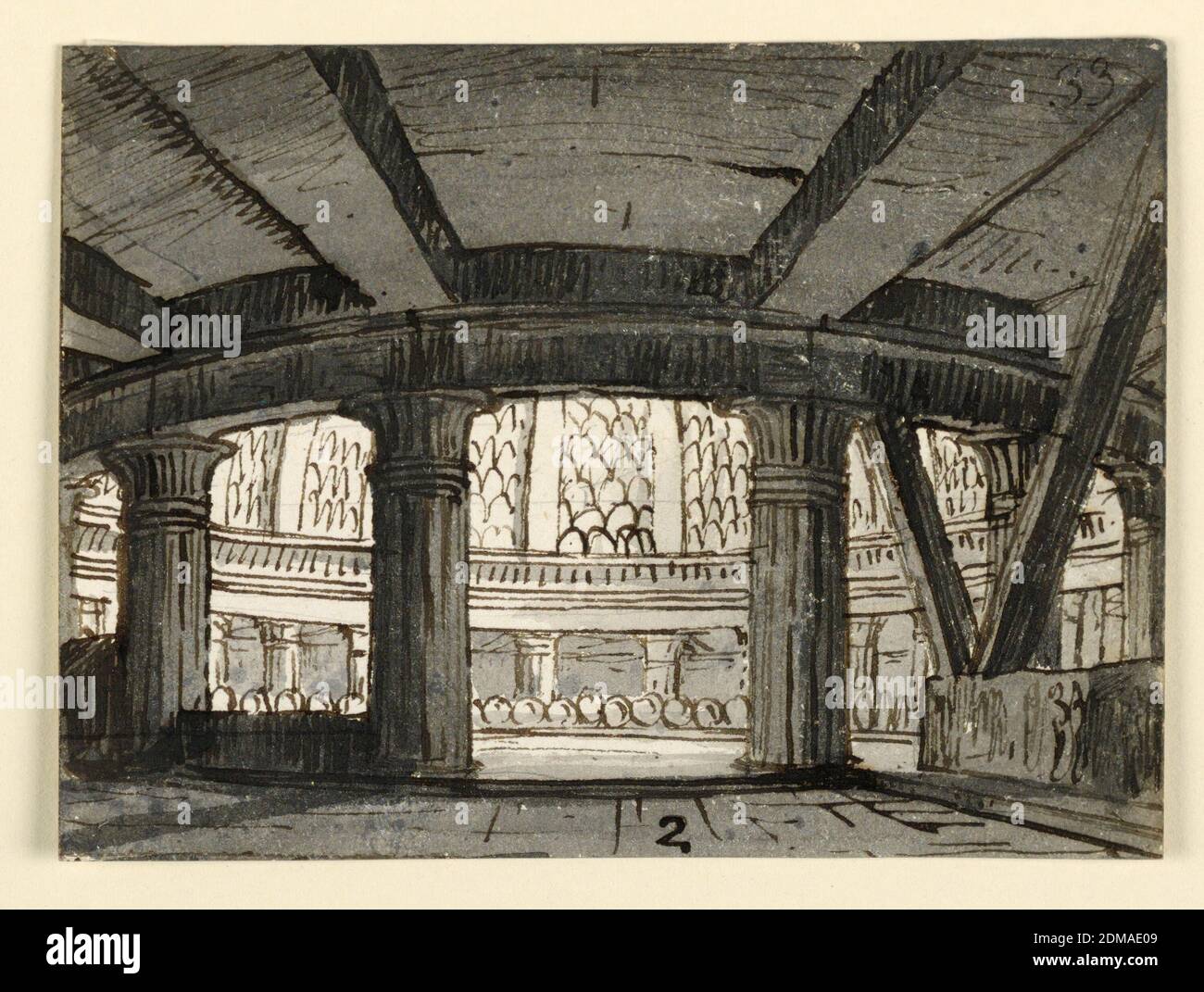 Interior of Circular Building, Pen and bistre ink, brush and sepia wash ...