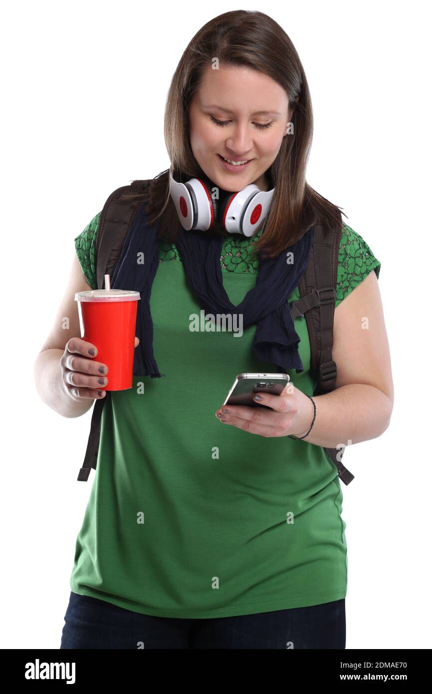 Studentin mit Handy Smartphone Cola Getränk junge Frau jung Jugendliche ...