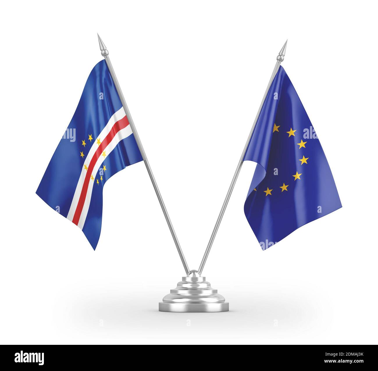European Union and Cape Cabo Verde table flags isolated on white 3D ...