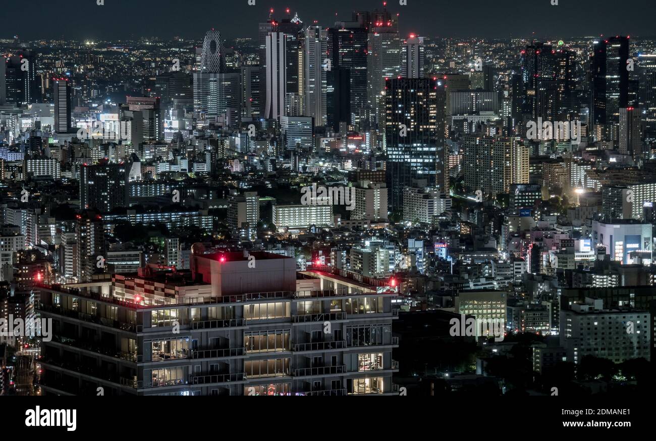 Aerial View Of Illuminated Buildings In City At Night Stock Photo - Alamy