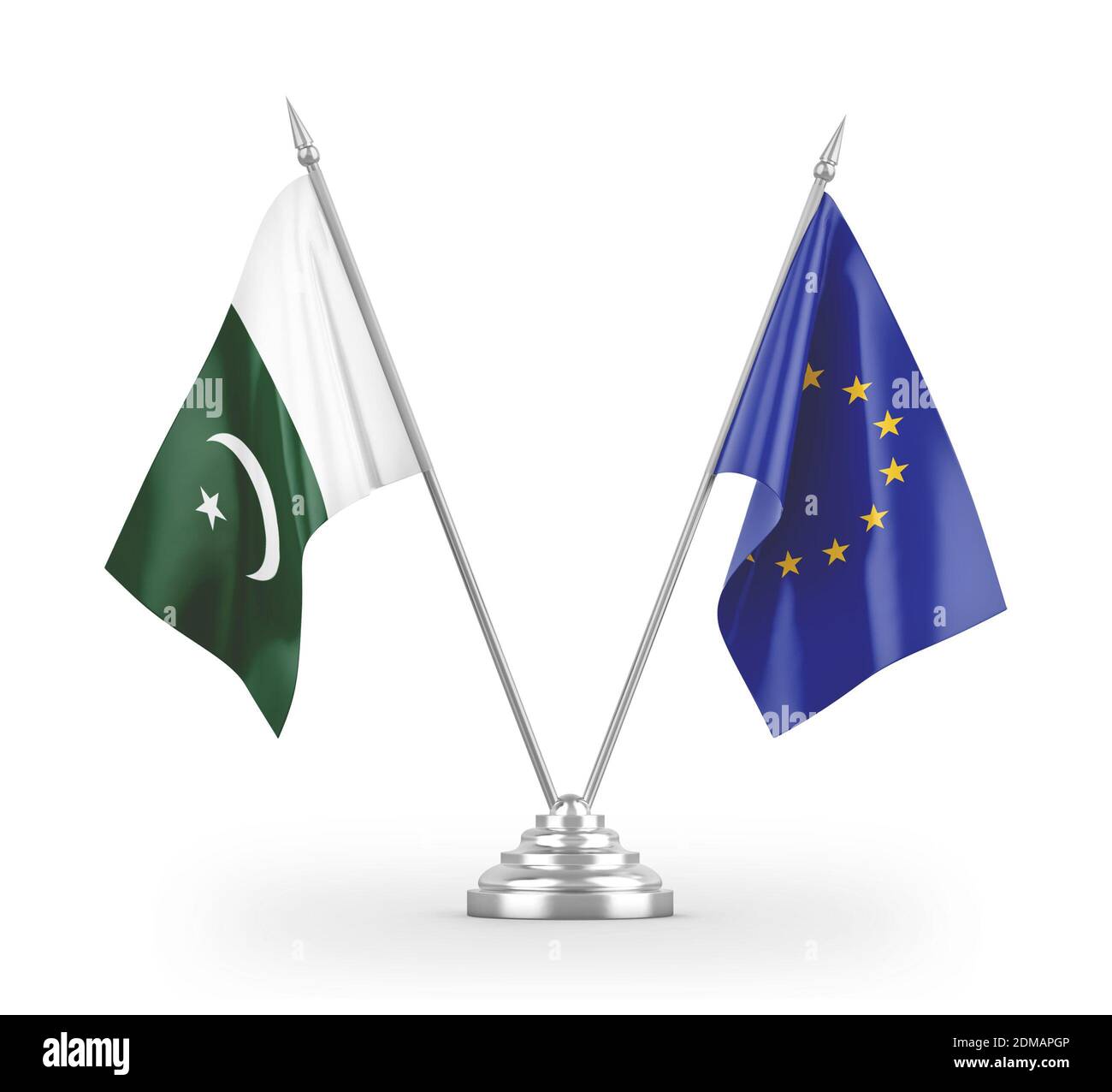 European Union and Pakistan table flags isolated on white 3D rendering ...