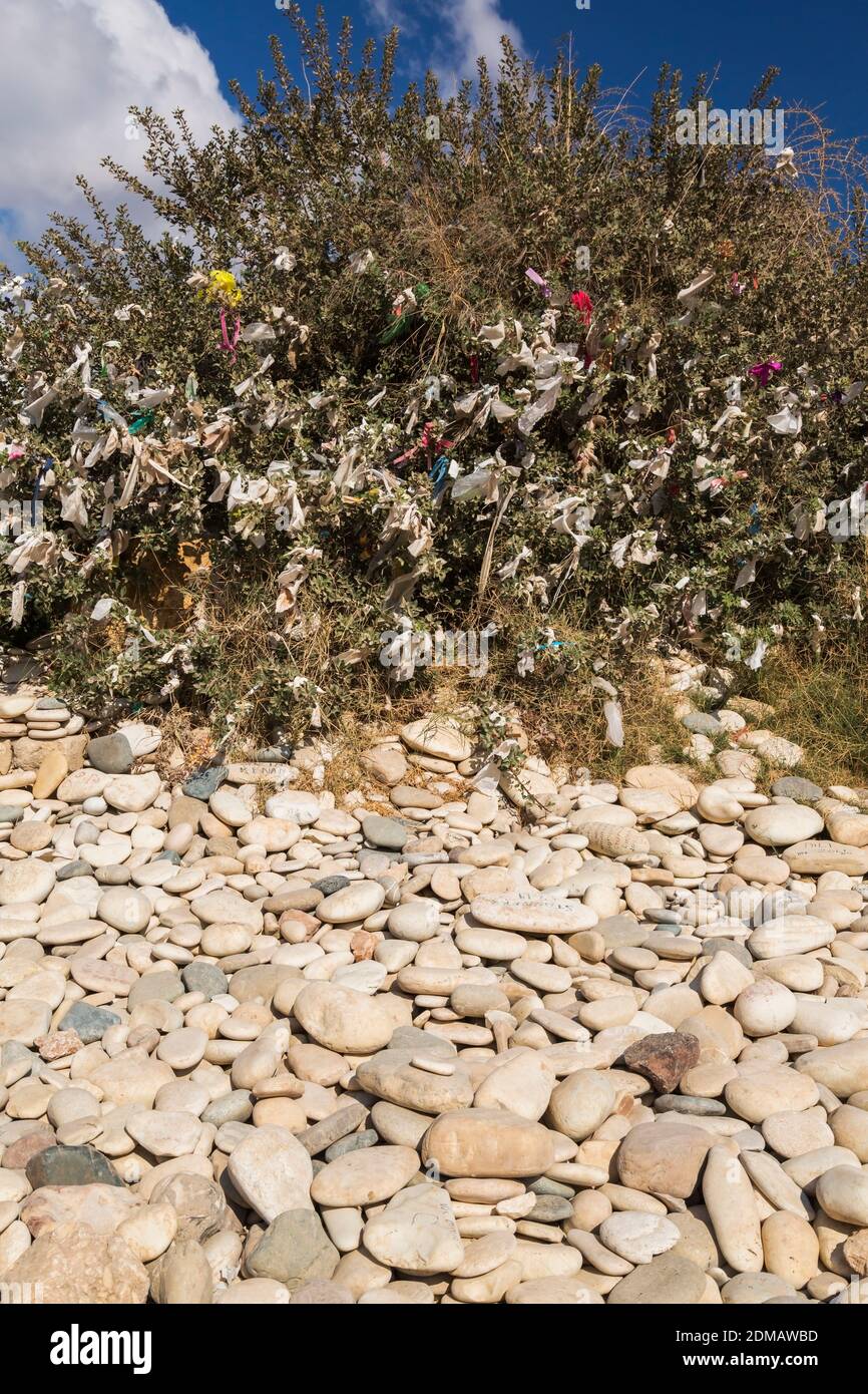 Smooth pebbles and Wish tree with prayer offerings tied to branches at ...