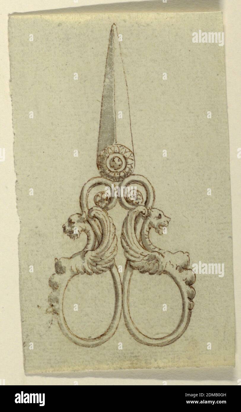 Pair of Scissors with Sphinx-shaped Handles, Pen and brown ink, brush ...
