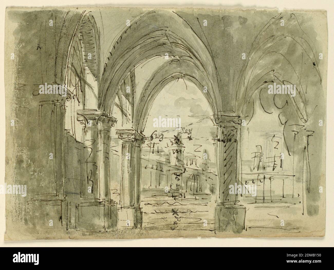 Stage Design, Portico with Buildings, Pen and bistre ink, brush and ...