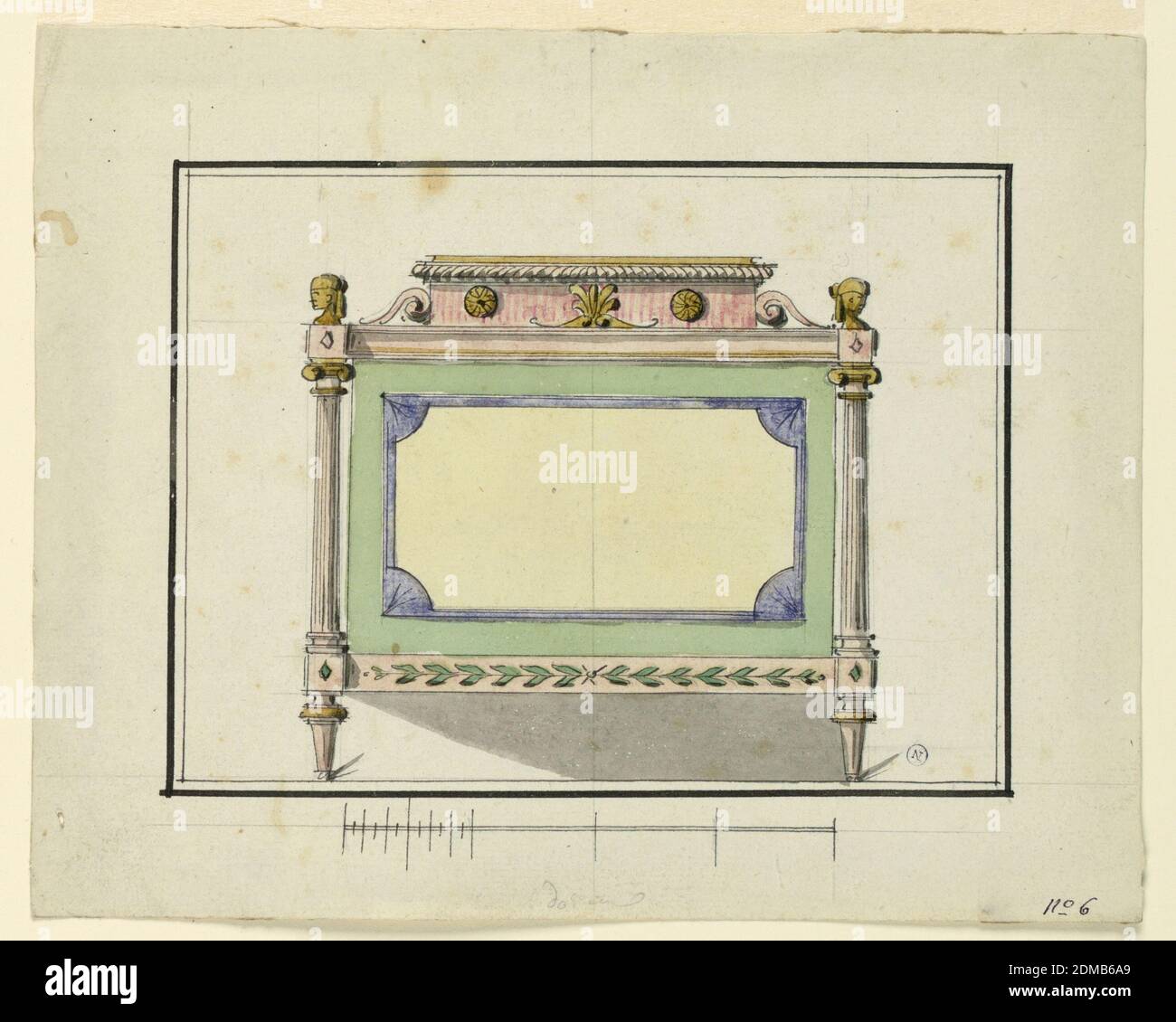 Design for a Bedstead, Pen and ink, brush and watercolor, graphite on ...