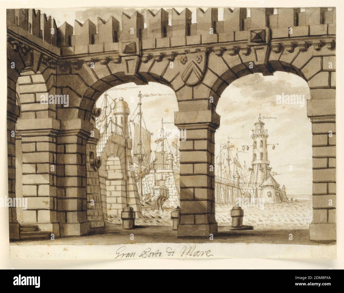 Stage Design, Seaport, Pen and brown ink, brush and brown wash on laid ...