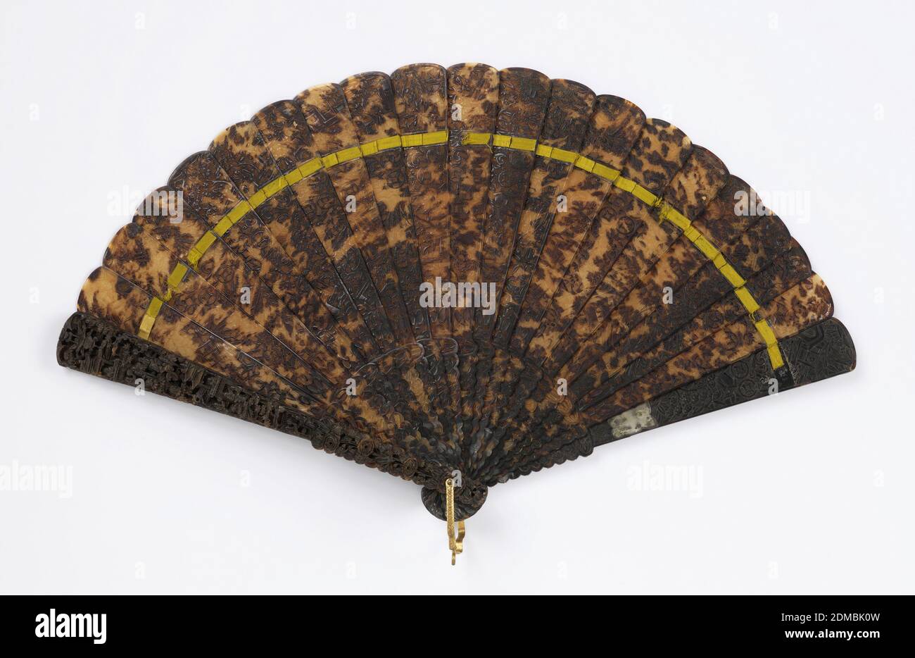 Brisé fan, Carved tortoise shell sticks, silk ribbon, Brisé fan of ...