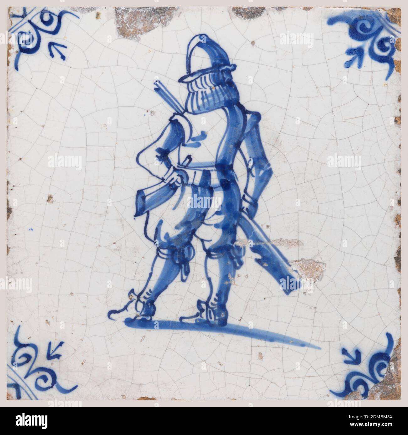 Tile, Tin-enameled earthenware, Square tile, blue on white. Soldier ...