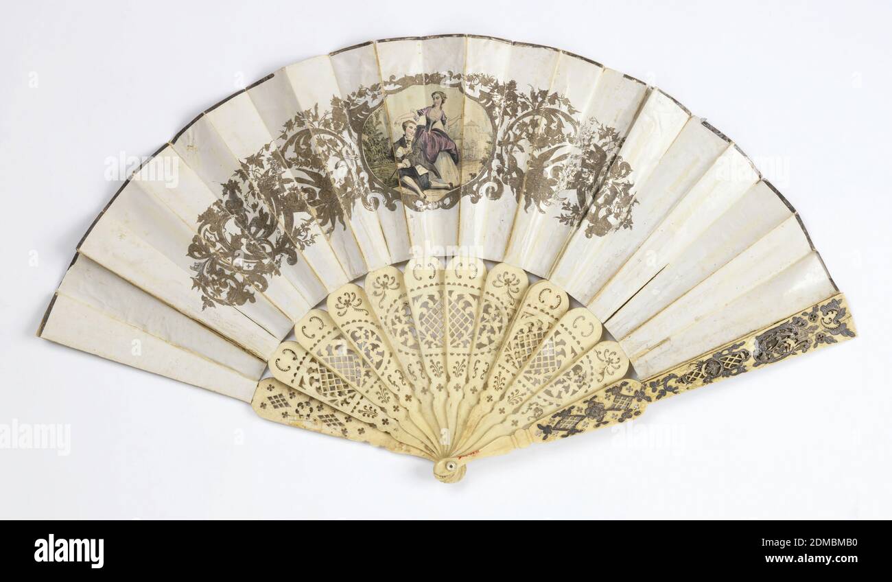 Pleated fan, Gilded paper leaf with chromolithograph, carved and ...
