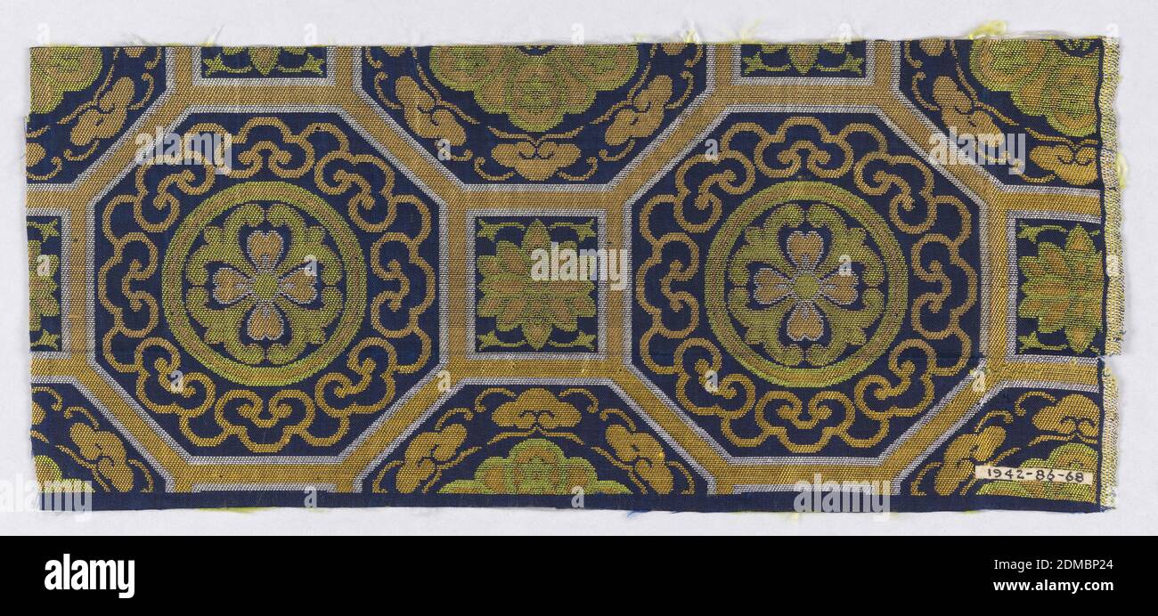 Textile, Medium: silk Technique: plain compound twill, Navy ground with ...