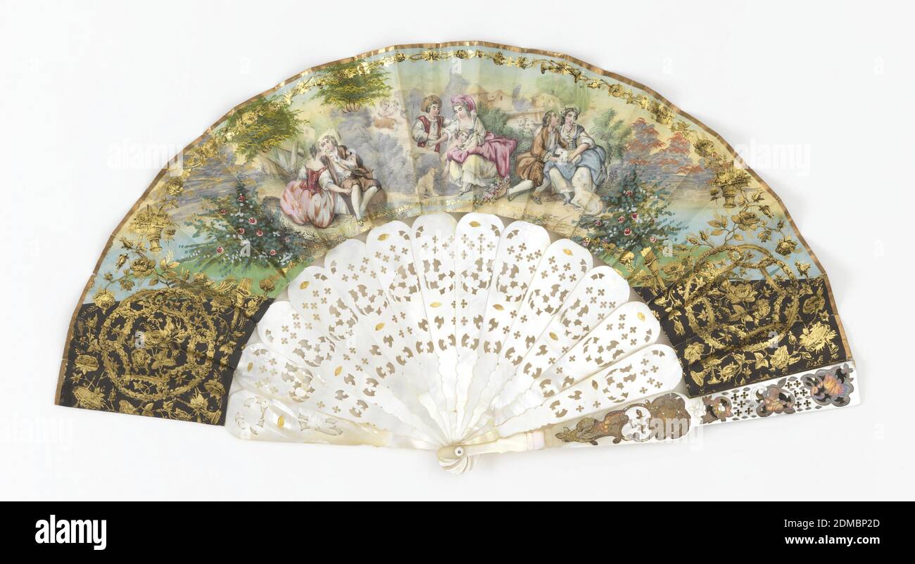 Pleated fan, Paper leaf with hand-colored lithograph, pierced mother-of ...