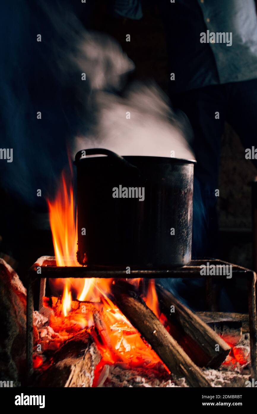 Close-up Of Food Getting Cooked On Wood Burning Stove Stock Photo - Alamy