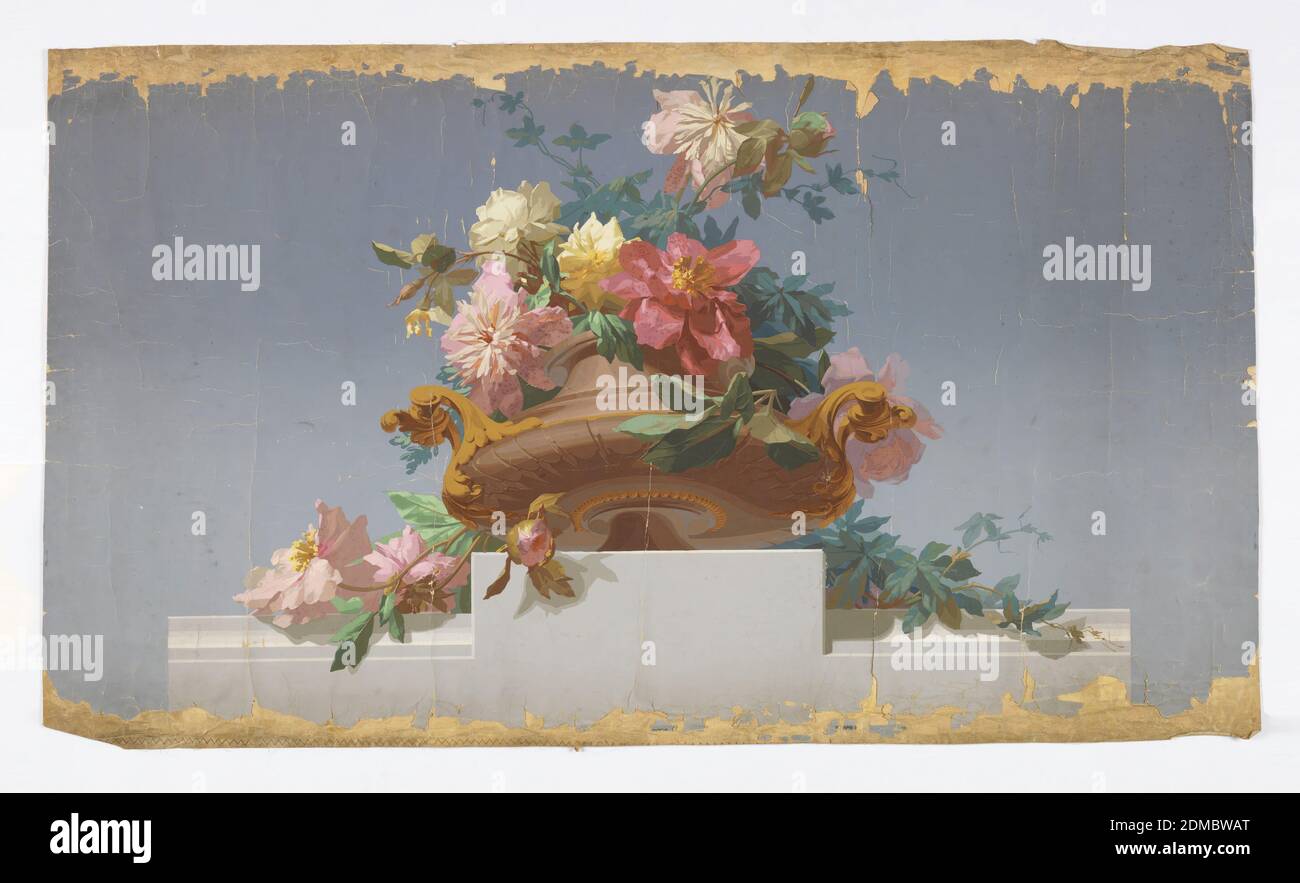 Decorative panel, Block-printed paper, Against blue-gray ground ...