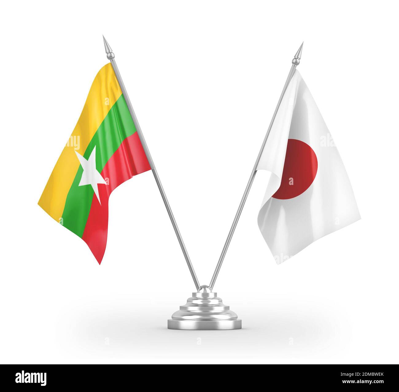 Japan and Myanmar table flags isolated on white 3D rendering Stock ...