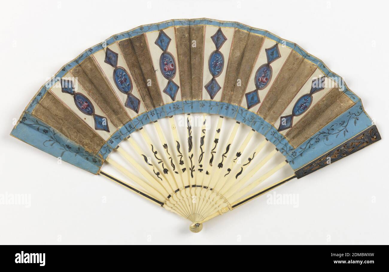 Pleated fan, Cut and painted paper leaf, ivory sticks with applied ...
