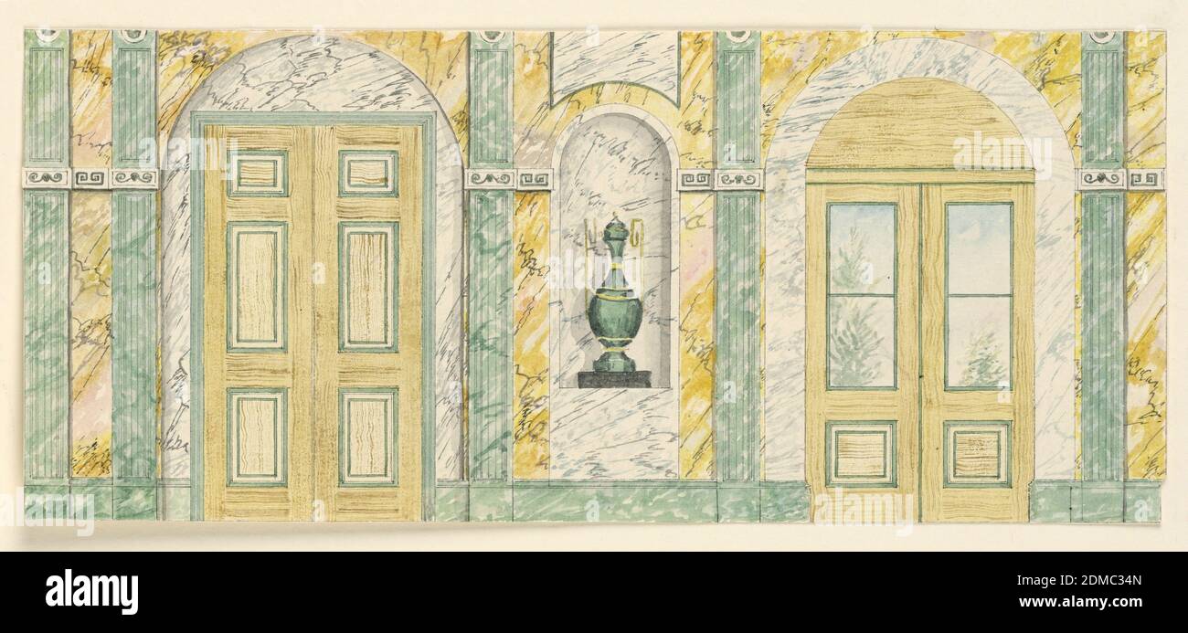 Wall Elevation, Pen, black ink, green, yelow and gray wash on wove ...