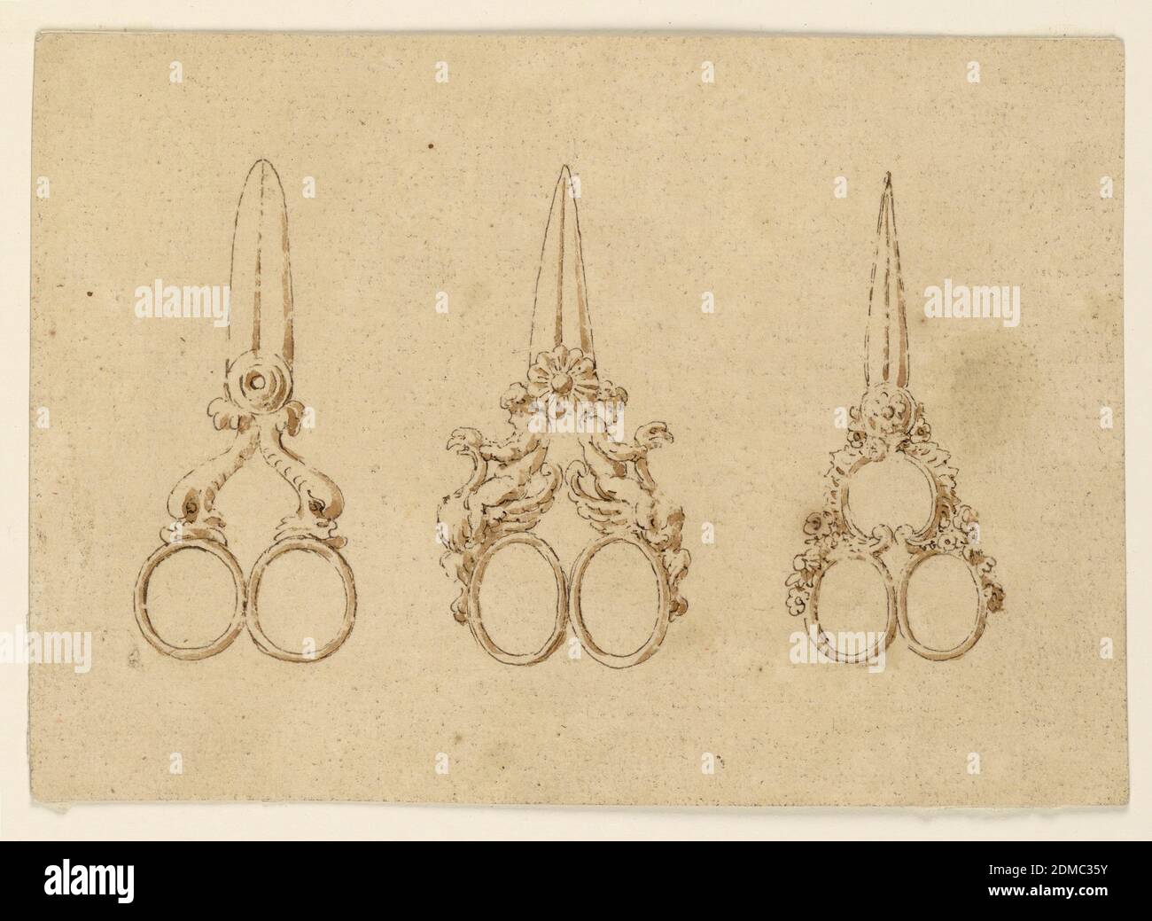 Three Designs for Embroidery Scissors, Unknown, Italian, Pen and brown ...