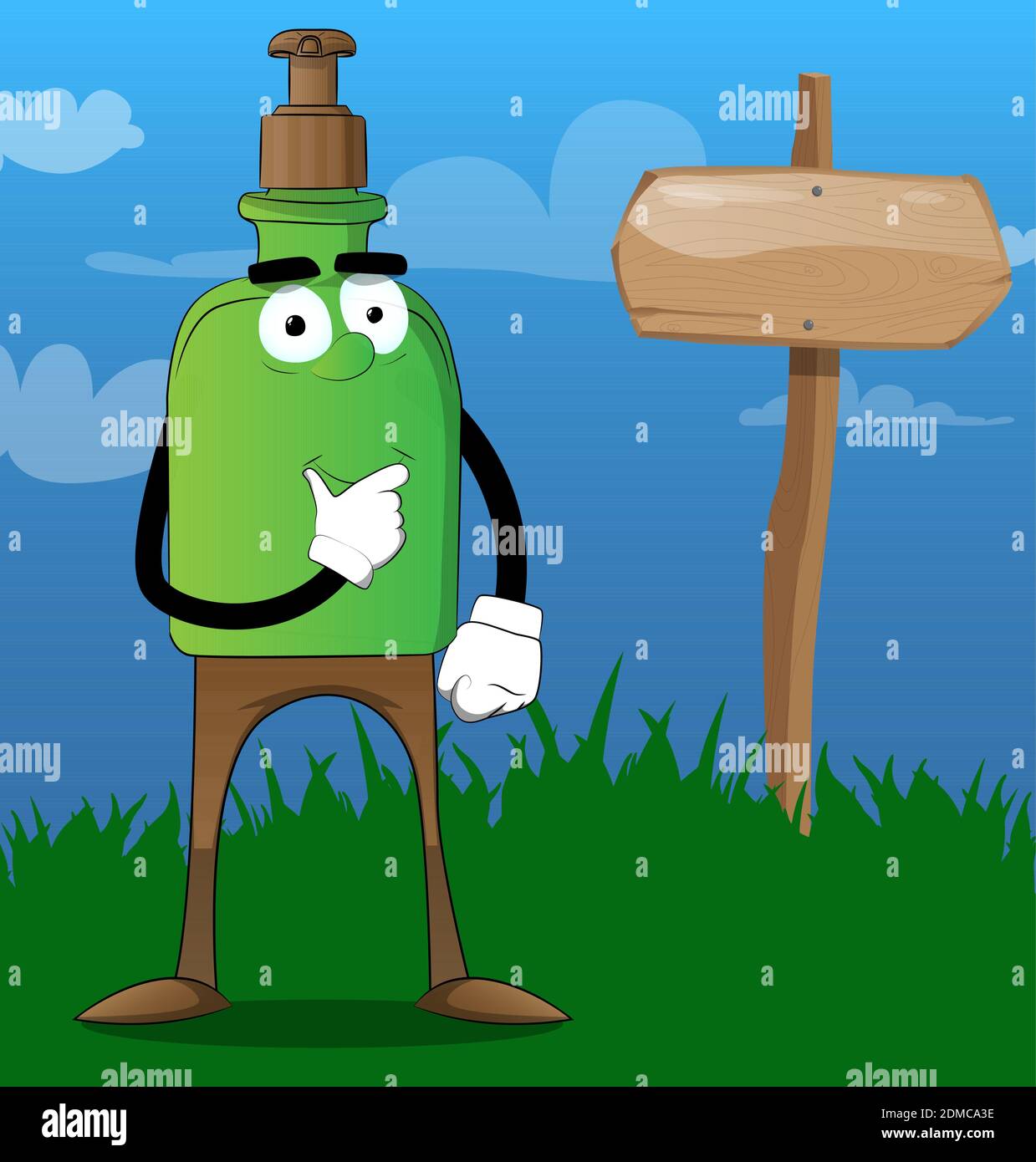 Cartoon bottle of hand sanitizer gel for hygiene with face thinking ...