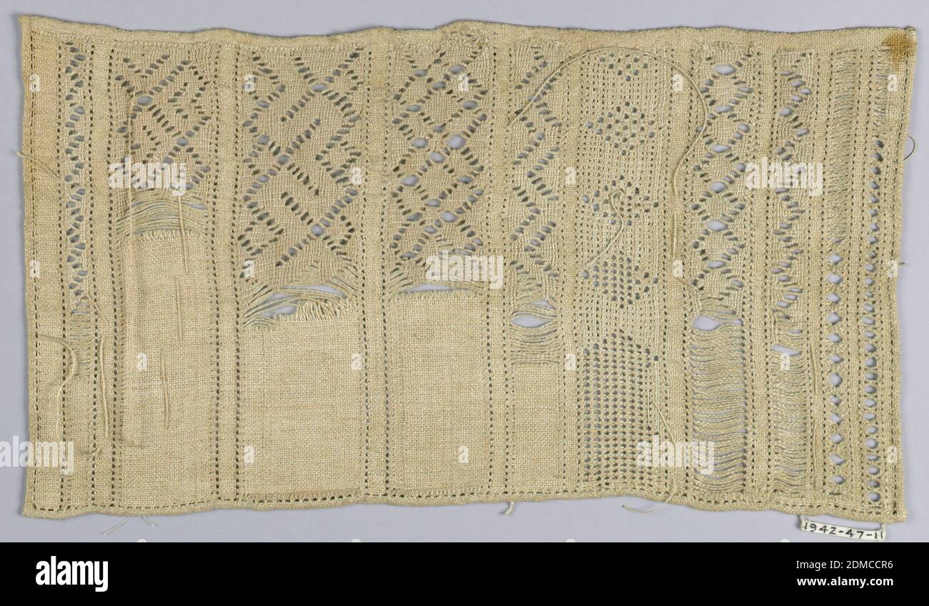 Unfinished Sampler, Medium: linen Technique: drawnwork with darning and ...
