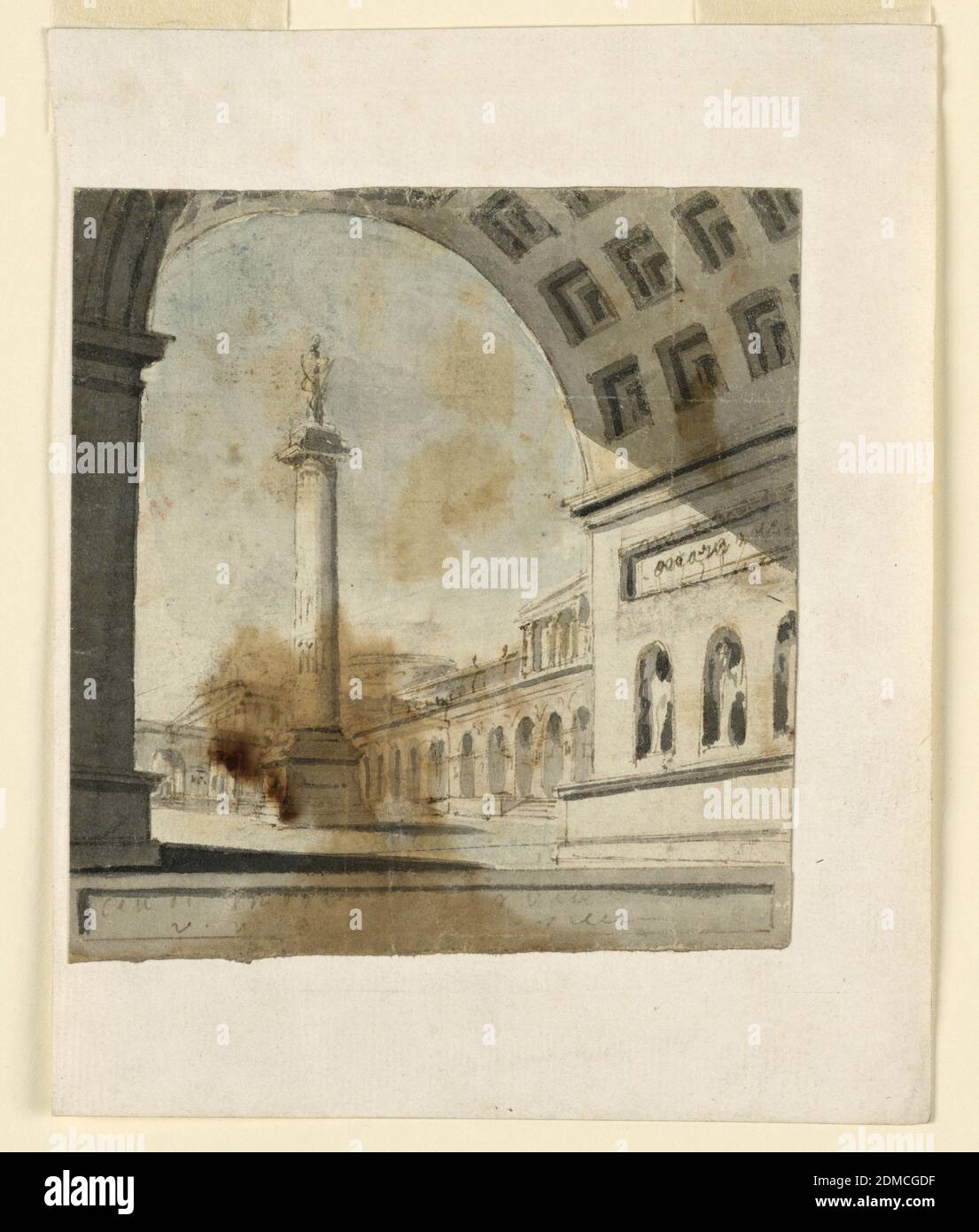 Stage Design, Column with Monument on Top, Pen and sepia ink, brush and ...