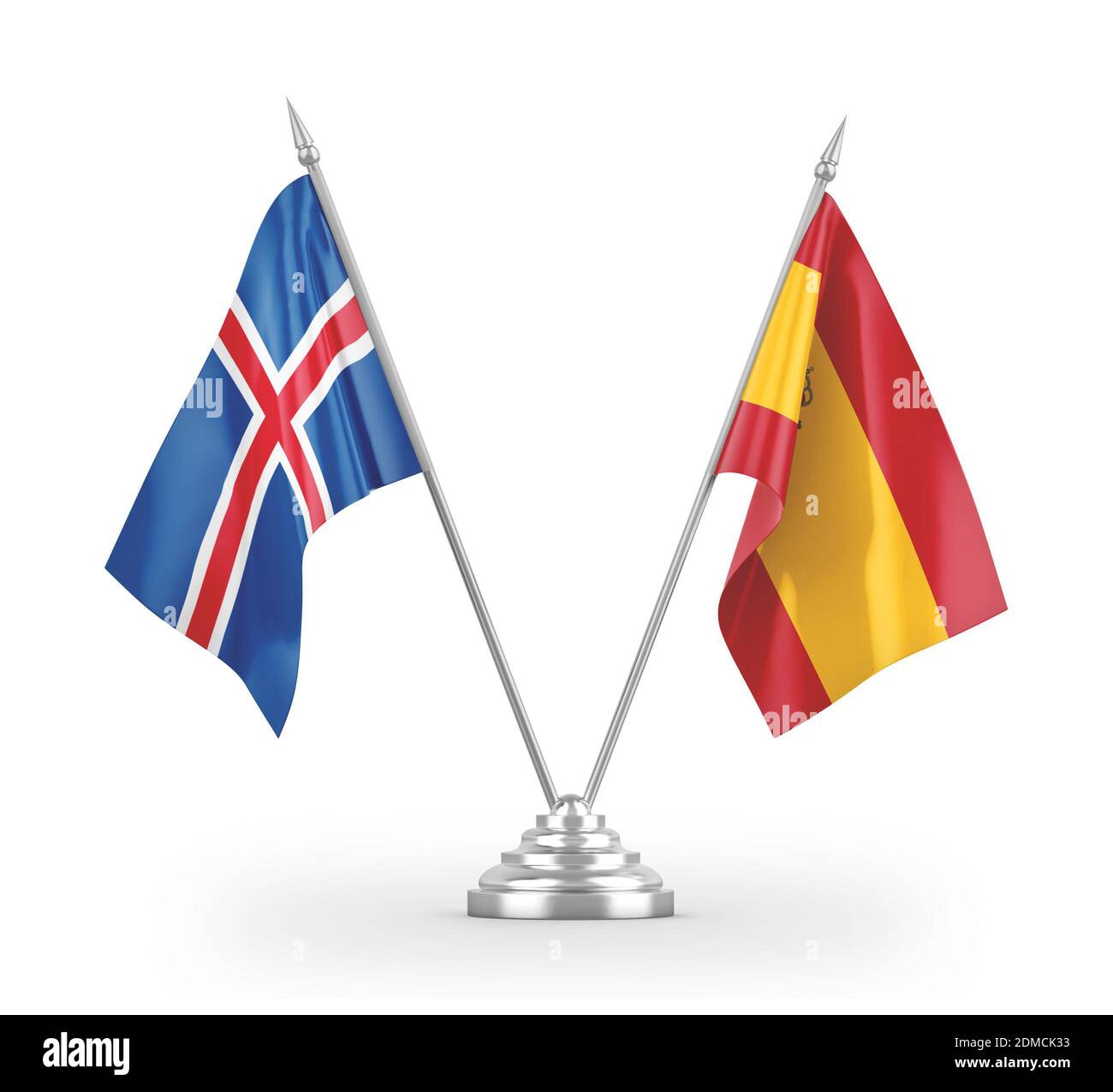 Spain and Iceland table flags isolated on white 3D rendering Stock ...