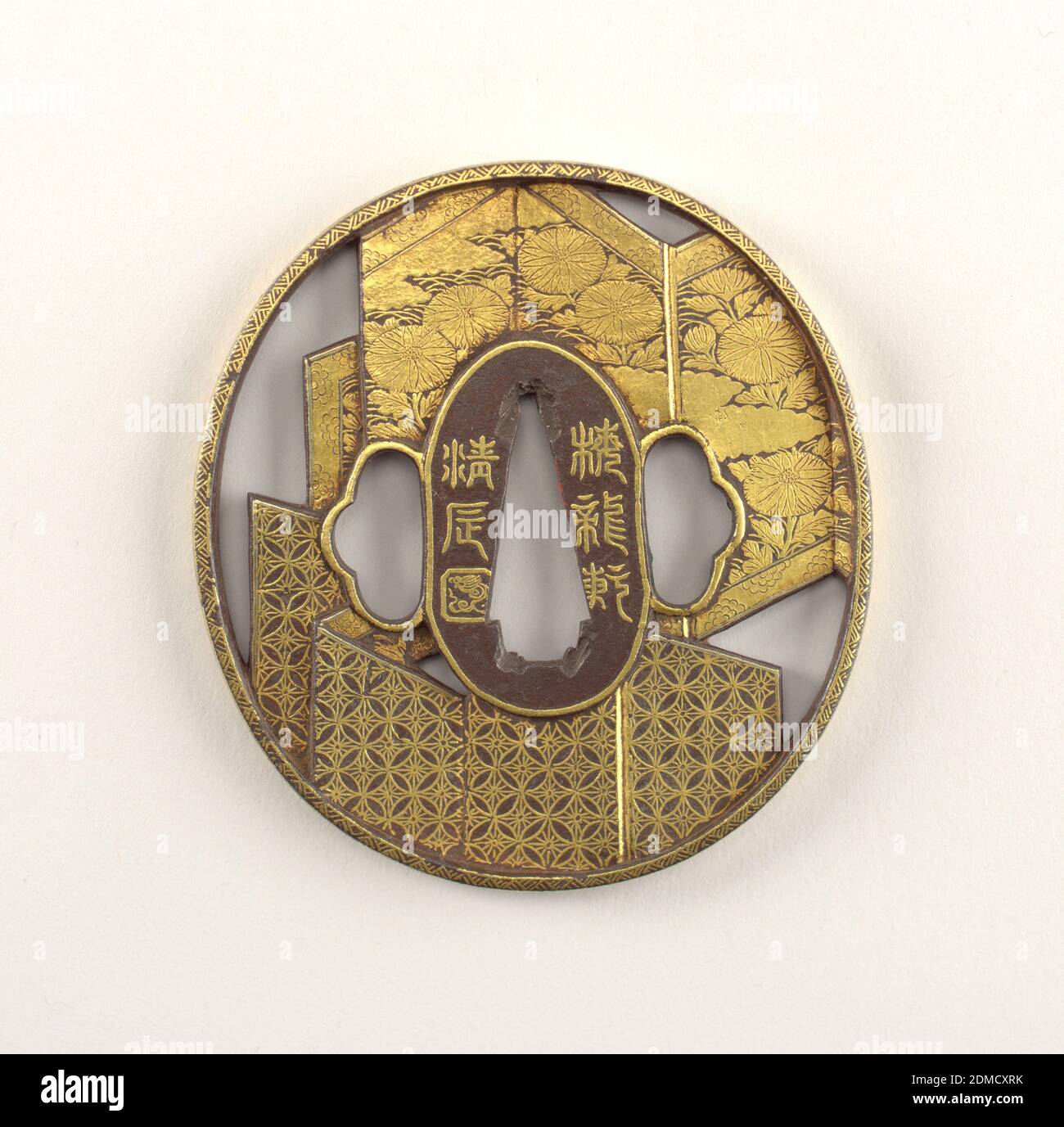 Tsuba, Iron, gold inlay, gold leaf, This Kenji style tsuba is naga maru ...