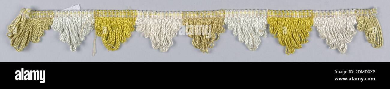 Fringe, Medium: silk Technique: woven, Fringe in gold, yellow and white ...