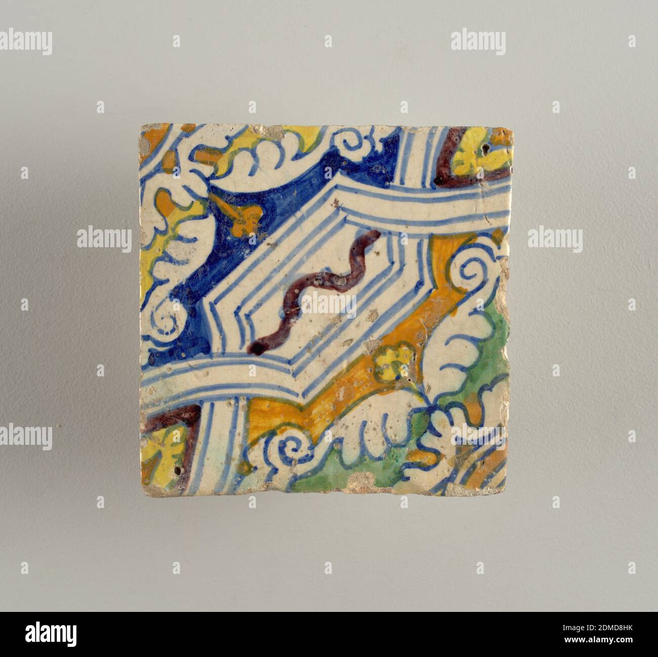 Tile, Glazed earthenware, Portion of a design composed of strap-work ...