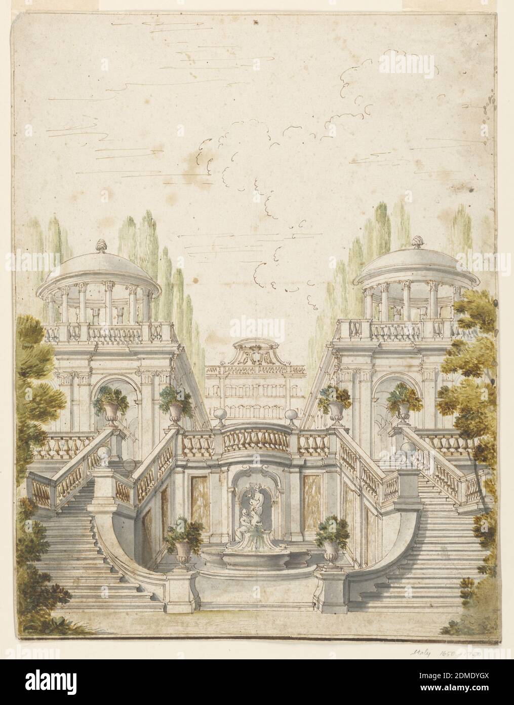 Garden and Villa, Pen and brown ink, green, brown wash, black chalk ...