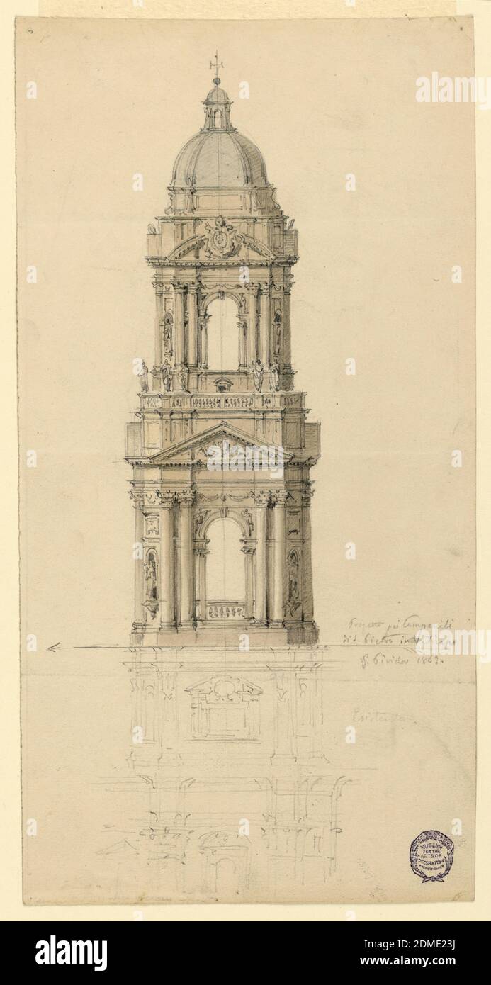 Belltower, Giovanni Pividor, Italian, 1812 - 1872, Graphite, pen and ...