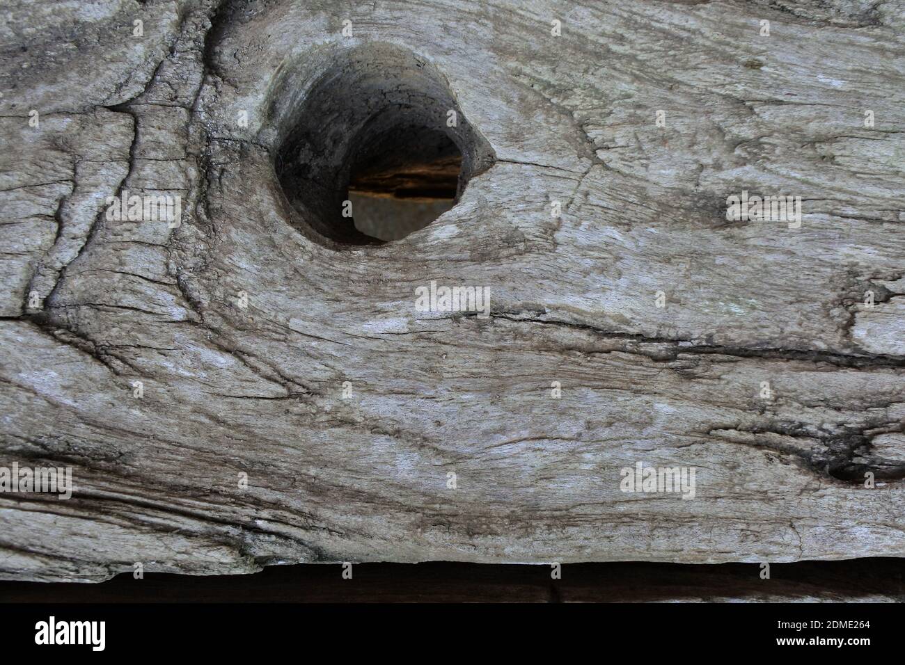 A closeup of an old wooden surface with scratches and a hole - great ...