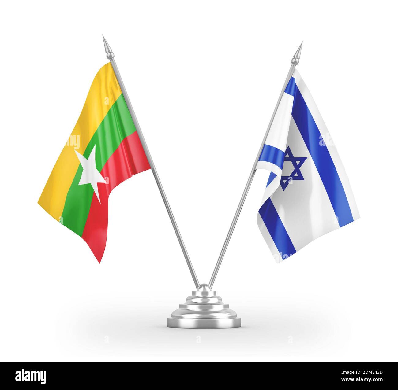Israel and Myanmar table flags isolated on white 3D rendering Stock ...