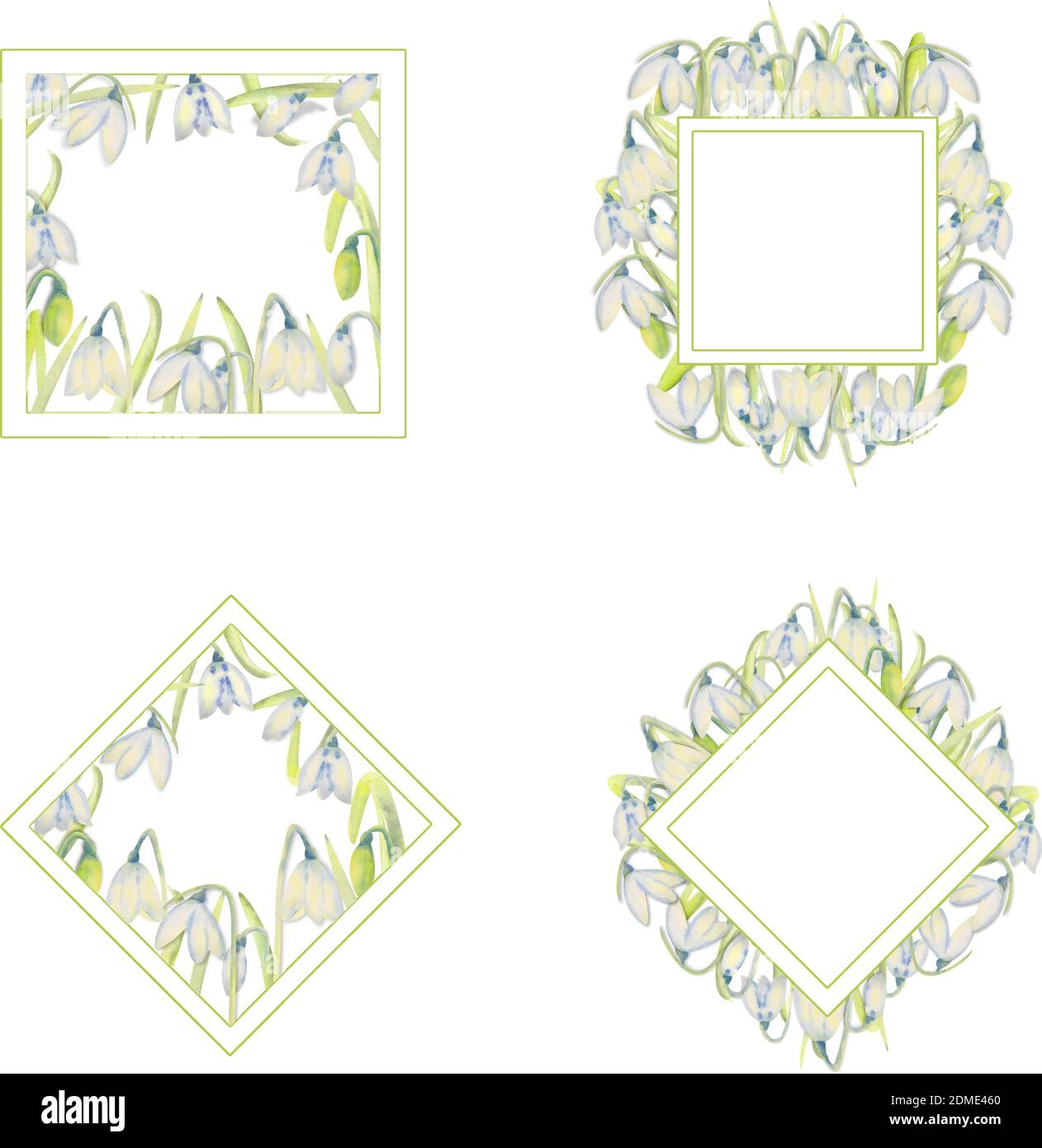 A set of romantic spring frames with snowdrops on the outer and inner ...