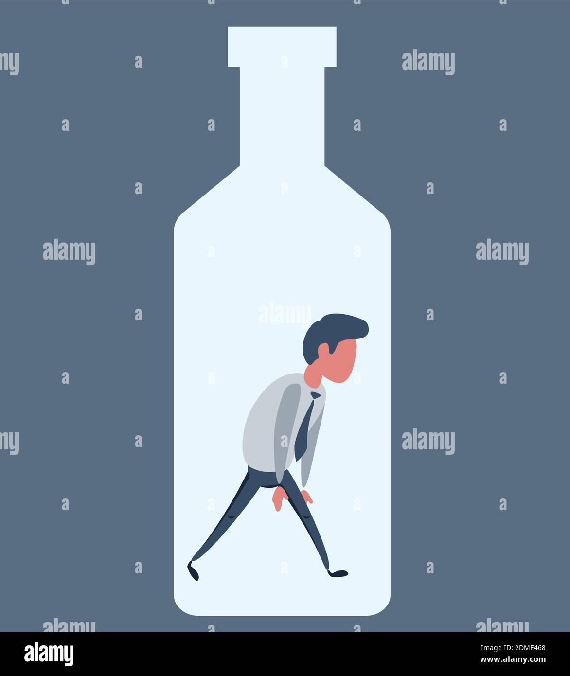 Alcohol and addiction, Young male character trapped inside a bottle ...