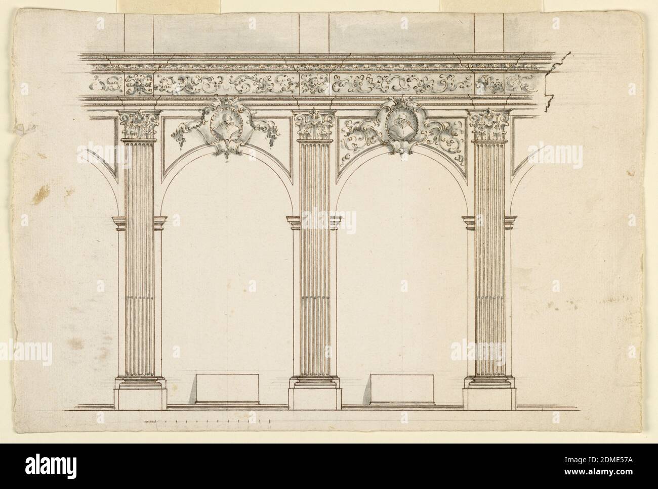 Wall Elevation with Alcove, Pen and brown ink, gray wash, graphite on ...