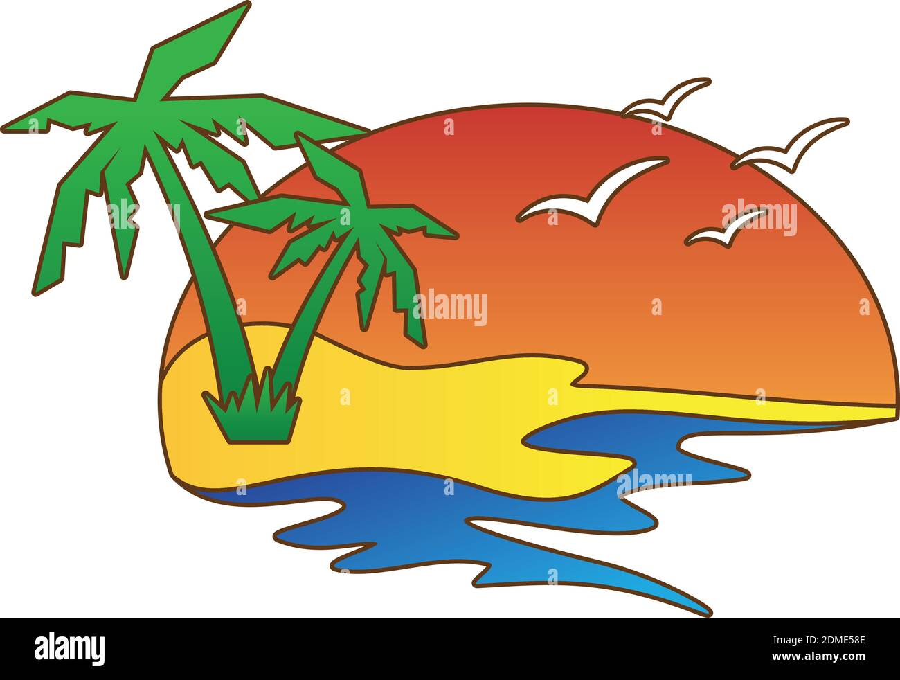 Abstract vector summer with graphic sunset, palm trees and bird ...