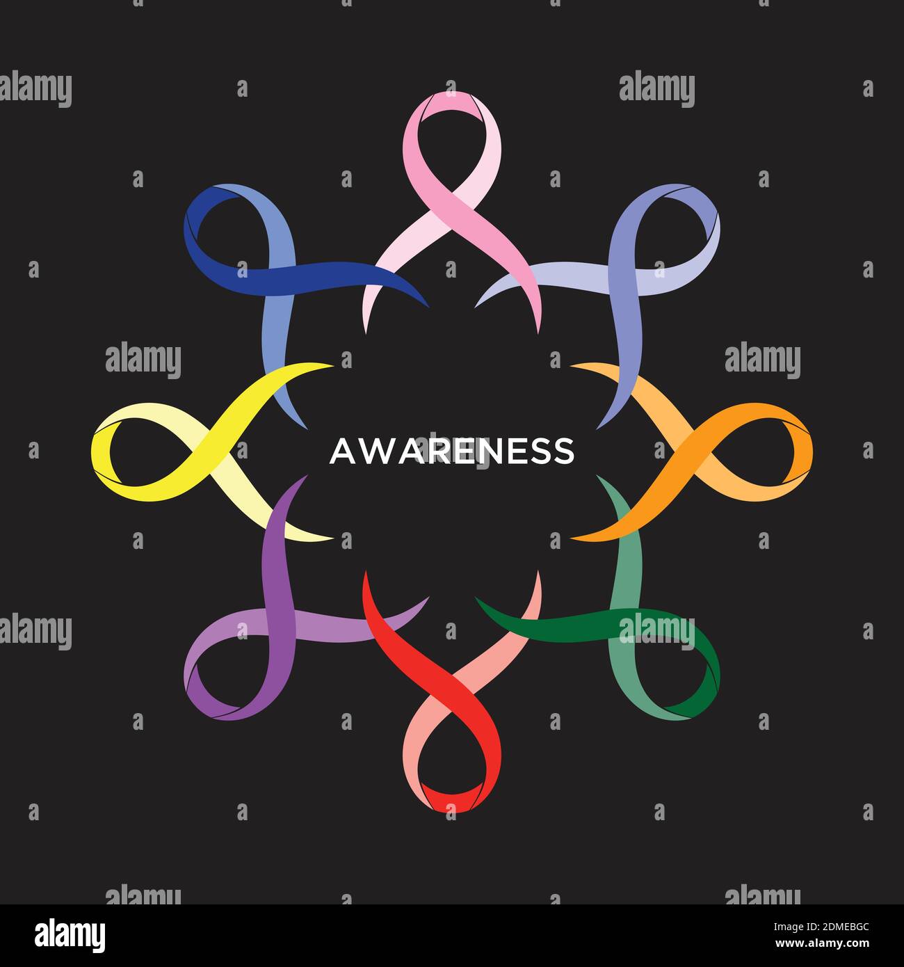 Colorful Ribbons Representing The Support Of Tackling Different Cancers