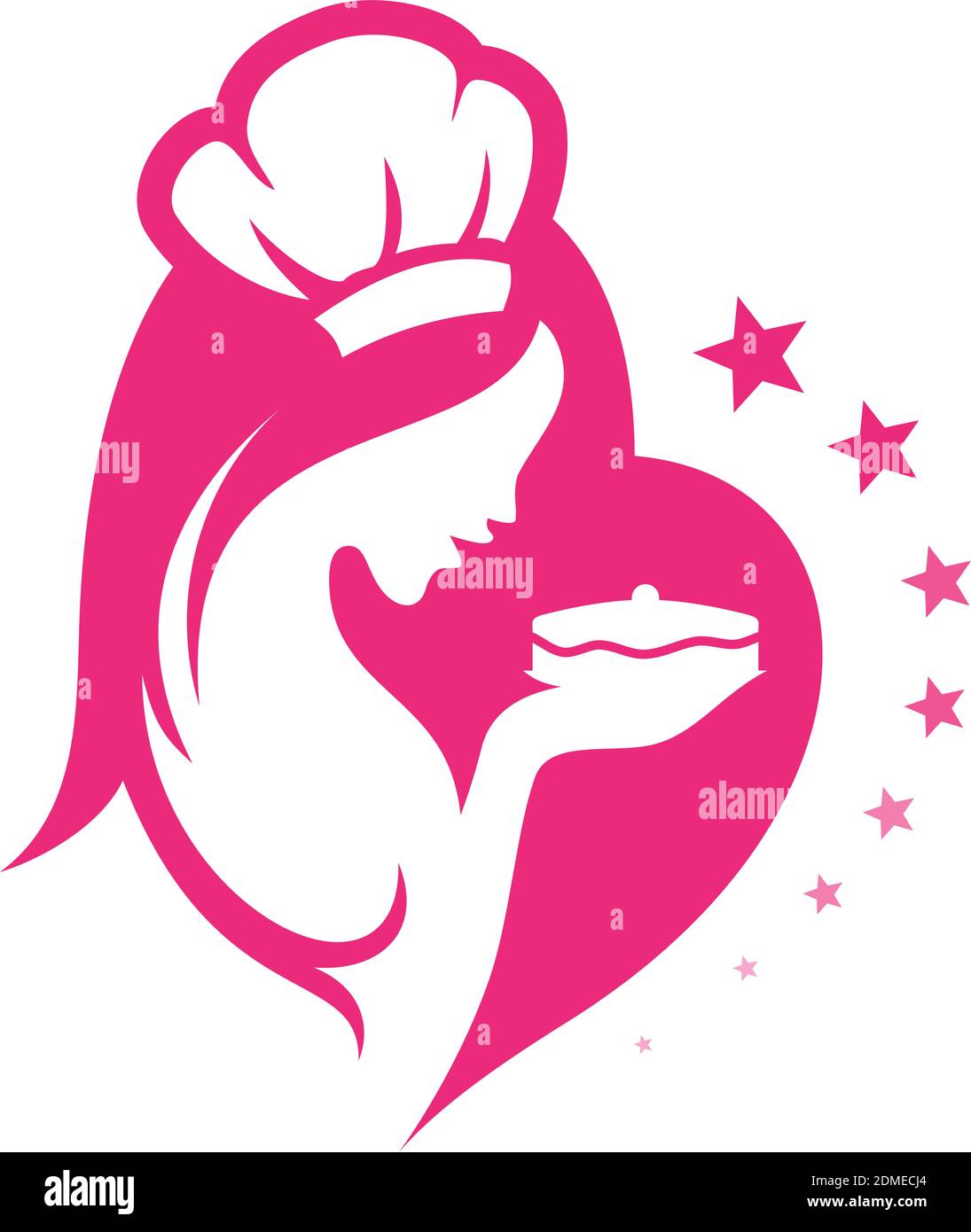Chef woman and cake on the hand. Chef on the negative space of pink ...
