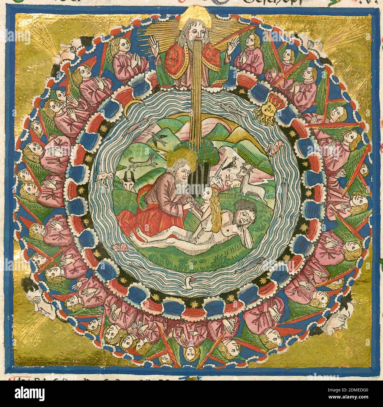 The God Created Eve With One Of Adams Rib 15th Century Coloured Woodcut From The Koberger