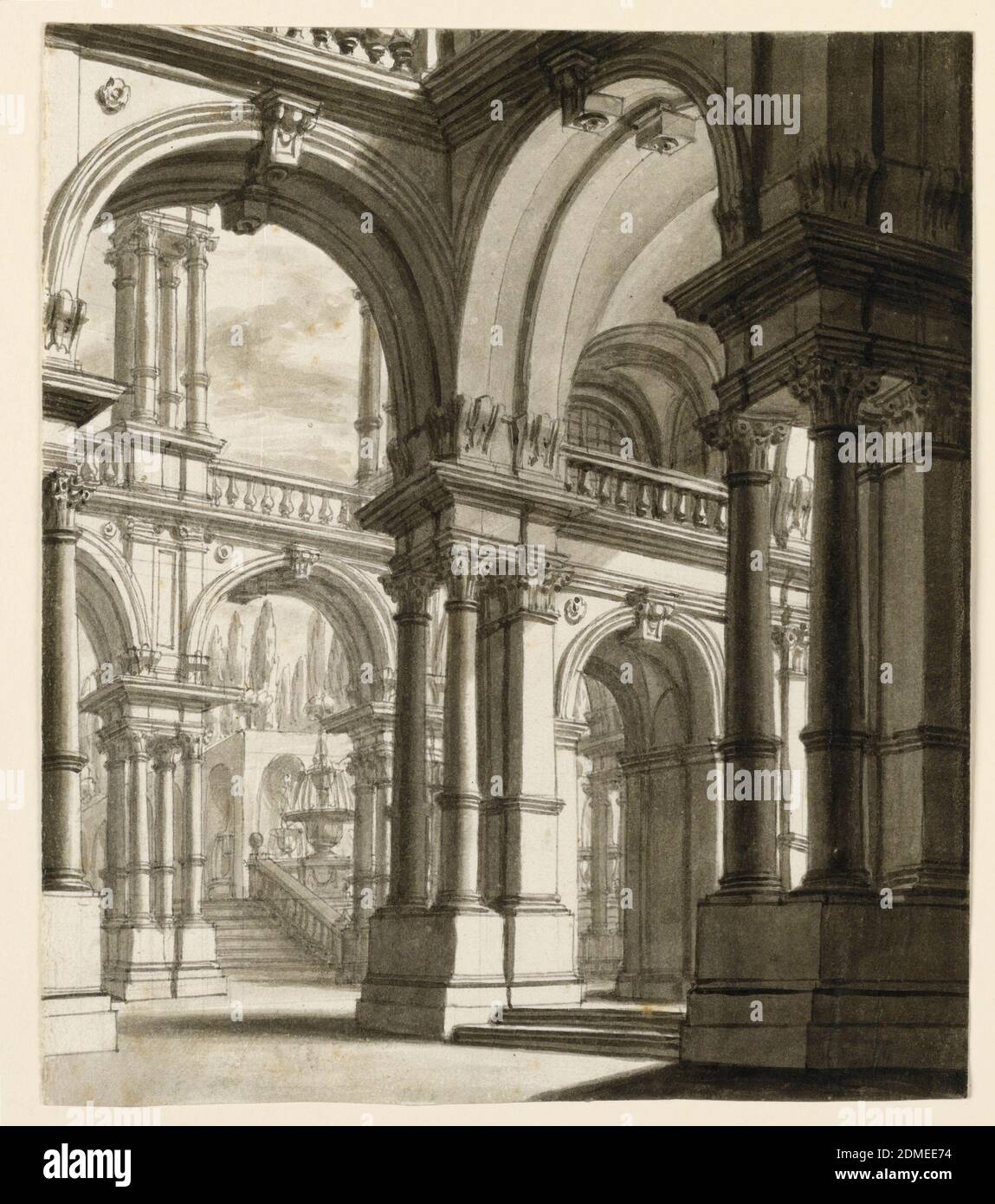 Stage Design, Porticoes with View of a Park, Pen and gray-brown ink ...