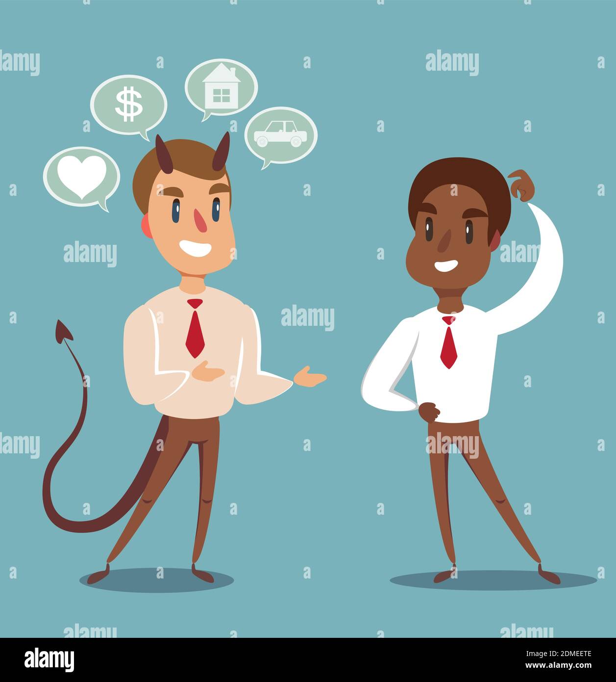 Business concept illustration of a businessman making a deal with devil ...