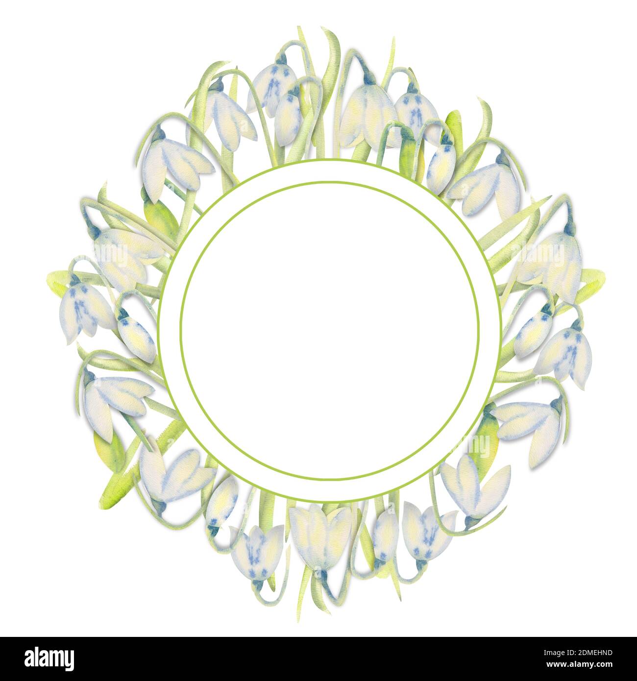 Romantic spring frame with snowdrops on the outer edge on a white ...