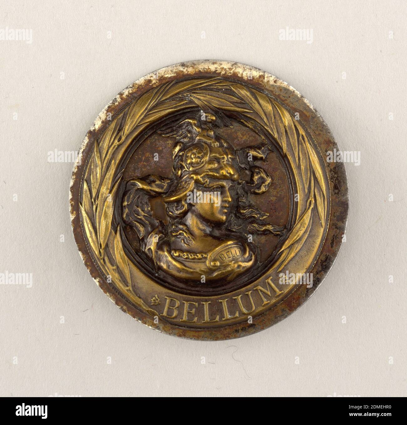 Bellum, Metal, Circular button with bust of woman (?) in helmet and ...