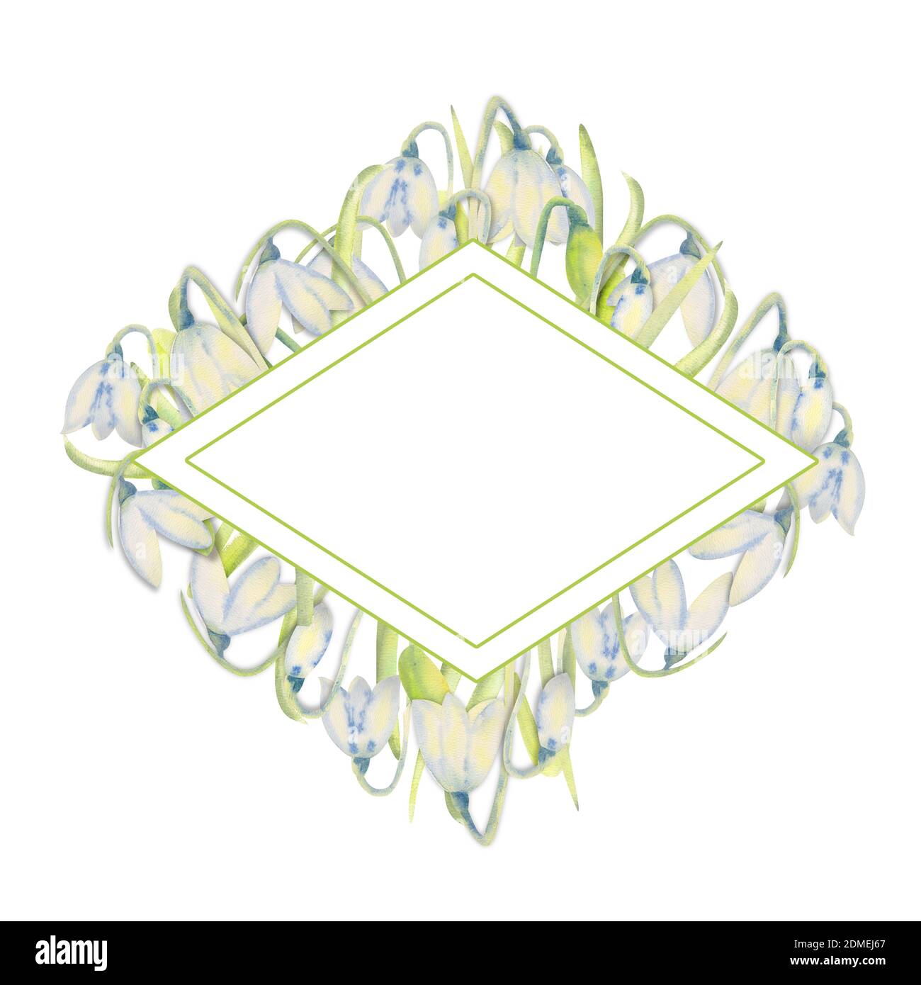Romantic spring frame with snowdrops on the outer edge on a white ...