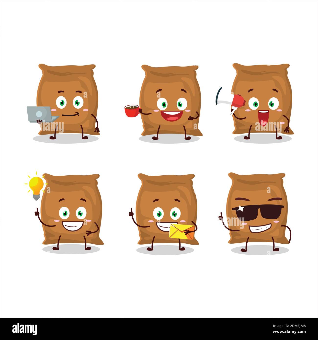 Flour sack cartoon character with various types of business emoticons ...