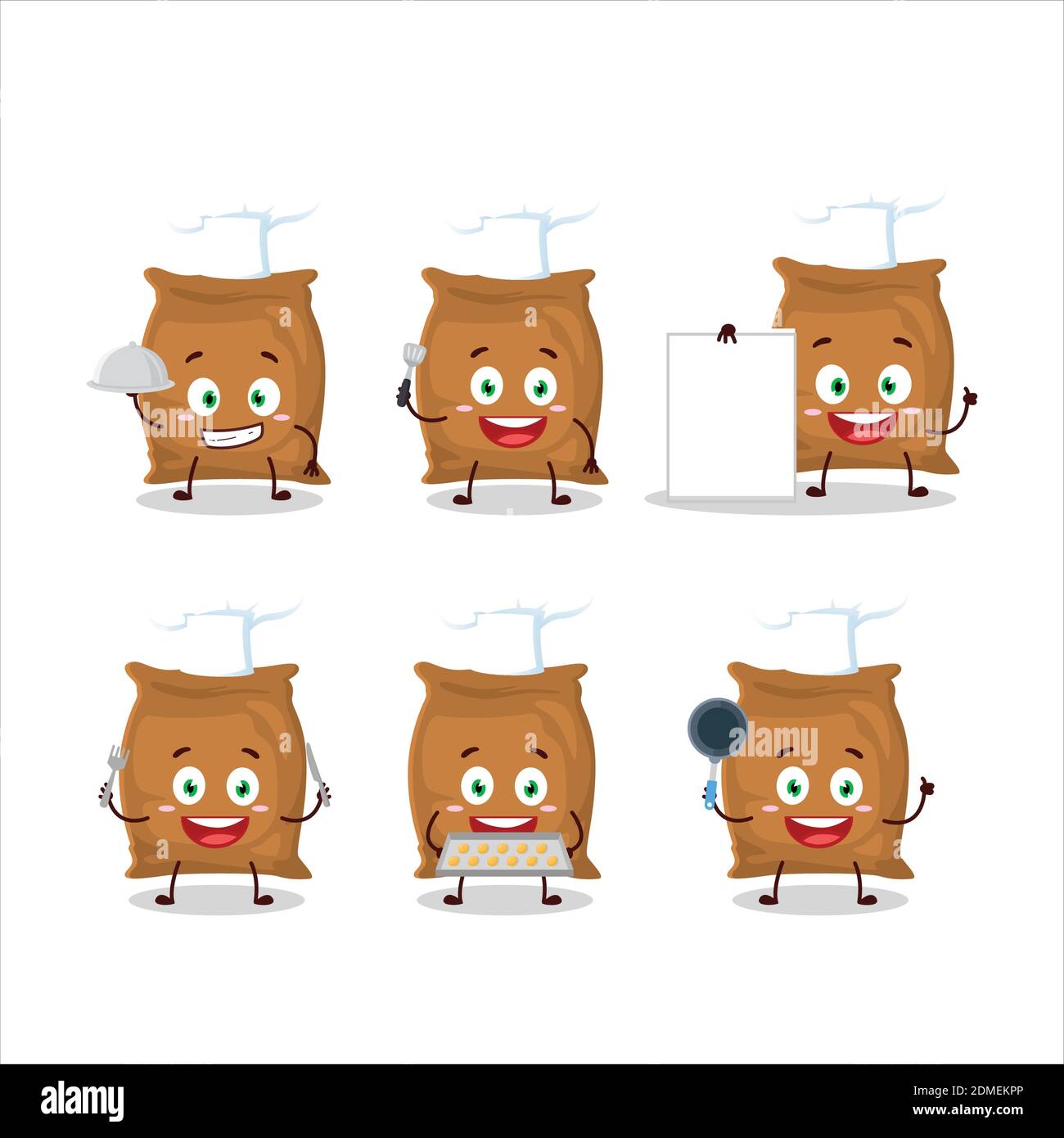 Cartoon character of flour sack with various chef emoticons. Vector ...