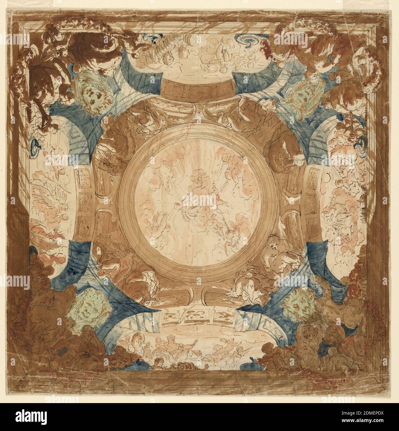 Design for a Ceiling, Pen and ink on paper, sepia and blue watercolor ...